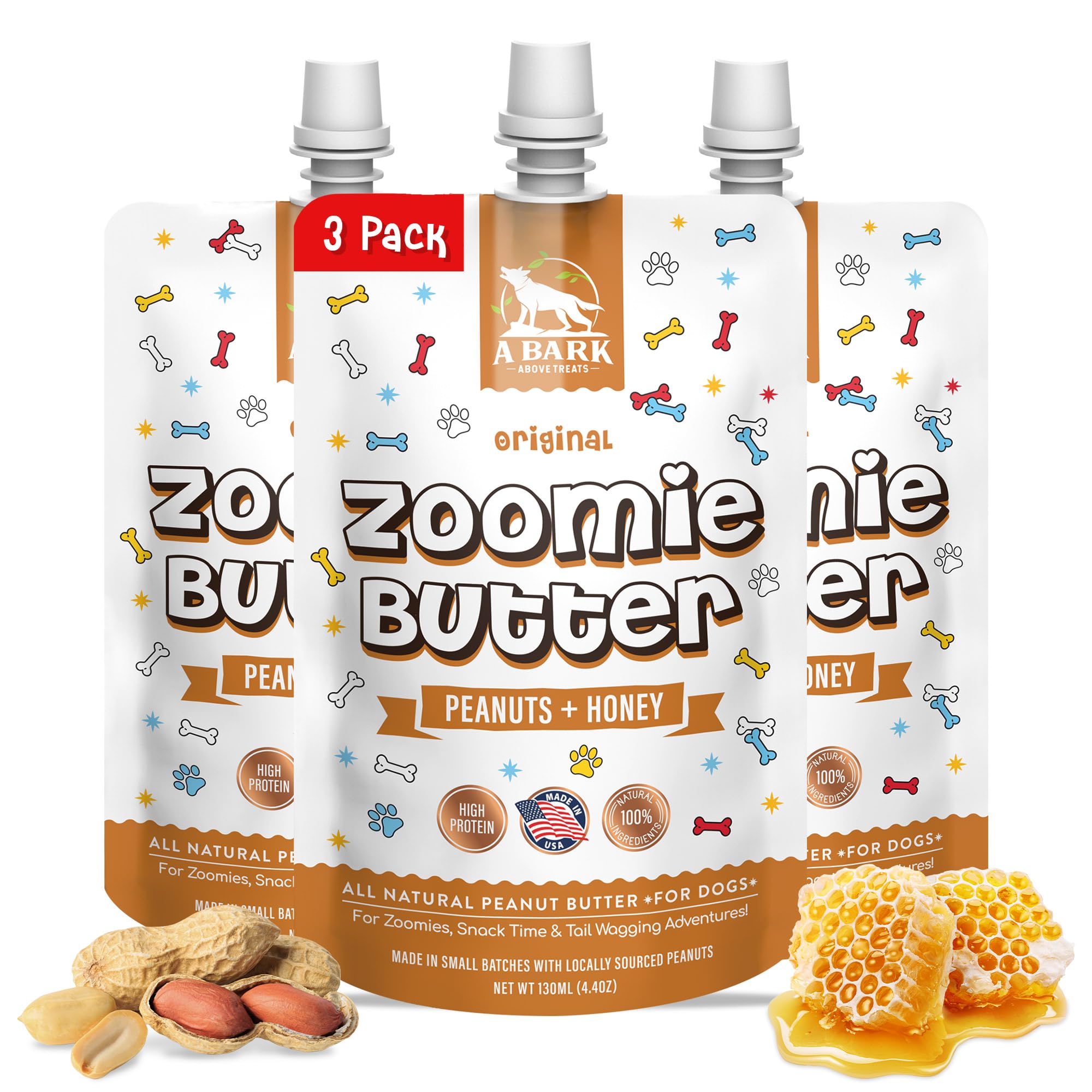 Zoomie Butter Original All Natural Dog Peanut Butter Squeeze. Human Grade, Healthy Dog Treat/Dog Food. Peanuts & Honey for Puppy Training, Behavior Aid, Pet Enrichment Toys, Grown & Made in USA