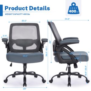 400lb Big and Tall Office Chair, Mesh Heavy Duty Desk Chair, Flip Arms Plus Size Ergonomic Computer Chair Extra Wide Seat, Executive Home Office Rolling Swivel Task Chairs for Heavy People