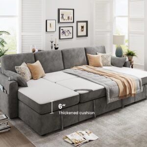 KKL Sofa Bed Couch with Storage Chaise, 85'' Pull Out Couch, Sleeper Sofa Couch with Pull Out Bed, Convertible Sectional Couch, Couch Bed Sofa Pull Out, Couches for Living Room, Chenille, Dark Grey