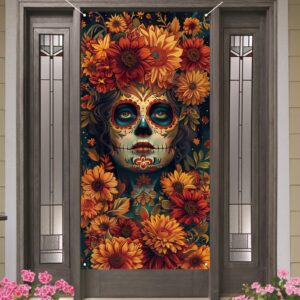 Dia De Los Muertos Door Cover Day of The Dead Porch Sign Banner Gothic Halloween Sugar Skull Marigold Flowers Decorations and Supplies for Home