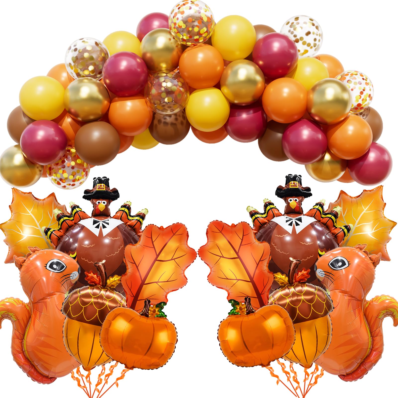 Wecepar Fall Thanksgiving Balloons 12 Inch Orange Gold Confetti Balloons with Turkey Squirrel Maple Leaves Pumpkin Foil Balloons for Fall Thanksgiving Pumpkin Autumn Harvest Party Decorations