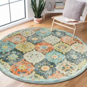 zhzjckshb washable round area rugs with colorful print for bedroom,living room circle vintage rug with non-slip backing,soft floor decoration carpet mat for home entryway (colorful geometry, 4')