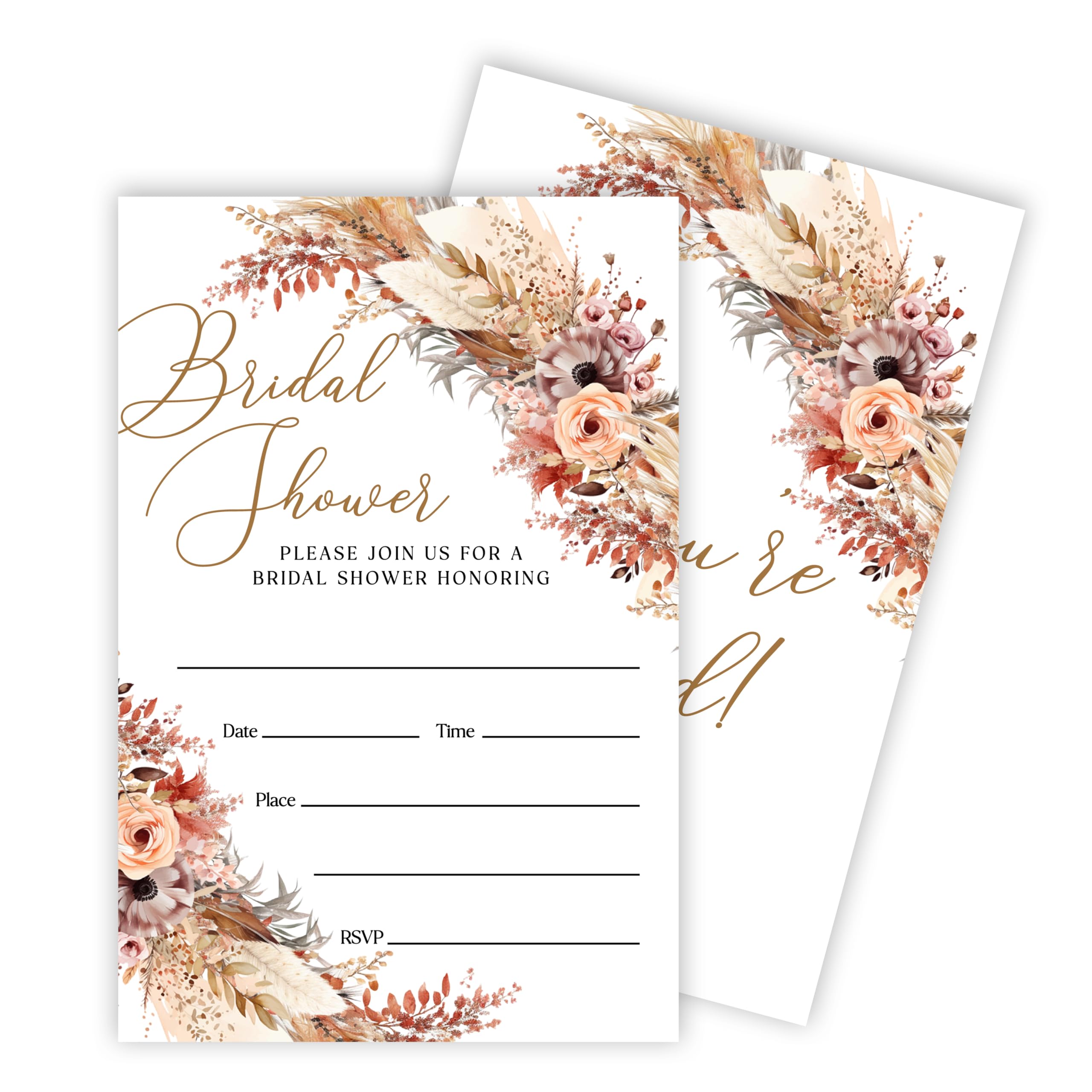 Hsupl Bridal Shower Invitation Card (4"x6") - Set Of 25 Wedding Invitations With Envelope - Floral Boho Watercolor Flowers Invites For Bridal Shower Party -Engagement Party Supplies - A03