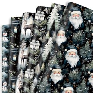 vnaaem black christmas wrapping paper 6 watercolor xmas style gift wrapping paper bulk santa snowman christmas trees and reindeer designs folded flat for winter holiday - 20 x 28inches per sheet(6 pack)