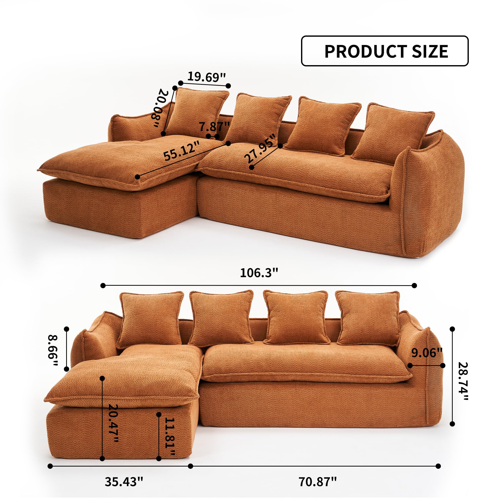 Yogald Modern Modular Sectional Sofa, Comfy L-Shaped Extra Deep Seat Cloud Couch, Freedom Combination Upholstery Floor Furniture Sofa, for Living Room Office (Chenille Orange)