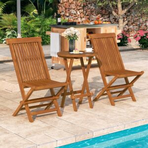 YITAHOME 3 Piece Teak Wood Patio Bistro Set with 2 Folding Chairs and Round Table, Folding Dining Table and Chairs with Metal Buckles for Backyard, Balcony, Pool, Porch, Deck