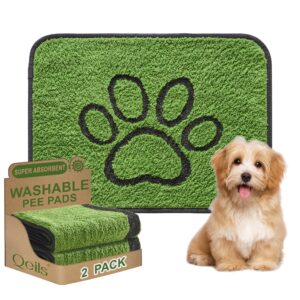 qeils washable pee pads for dogs, 2 pack super absorbent reusable puppy pads with green long wool for potty training, floor, couch, bed, and crate,18"x 24"