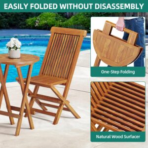 YITAHOME 3 Piece Teak Wood Patio Bistro Set with 2 Folding Chairs and Round Table, Folding Dining Table and Chairs with Metal Buckles for Backyard, Balcony, Pool, Porch, Deck