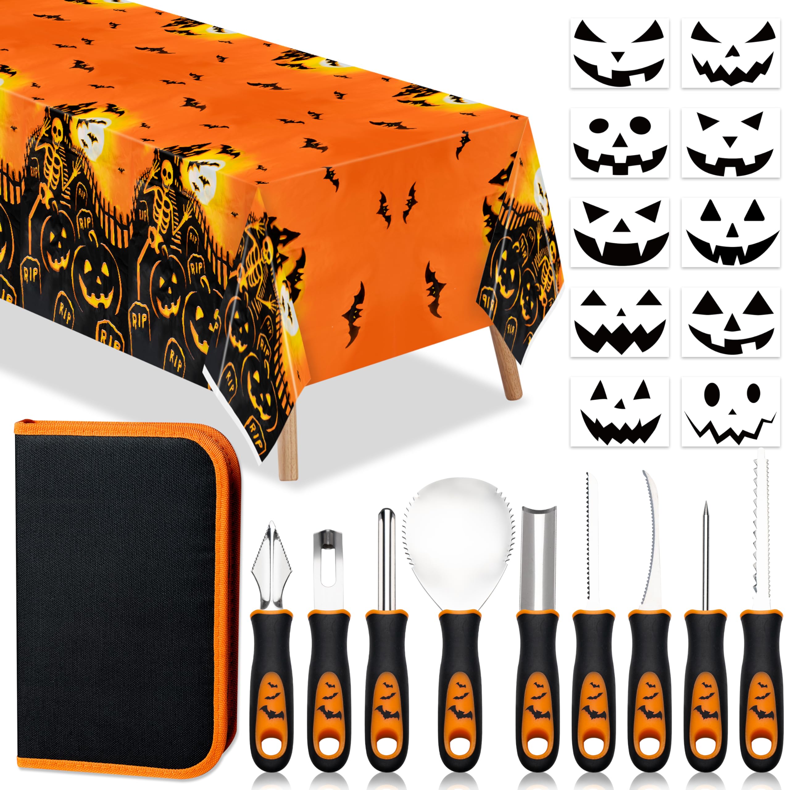 CNhoqc Halloween Pumpkin Carving Tools Set, Stainless Steel Carving Pumpkin Knife Kits with 10pcs Pumpkin Funny Face Stencils, 2pcs Disposable Pumpkin Theme Tablecloths for Fall Halloween Party Decor