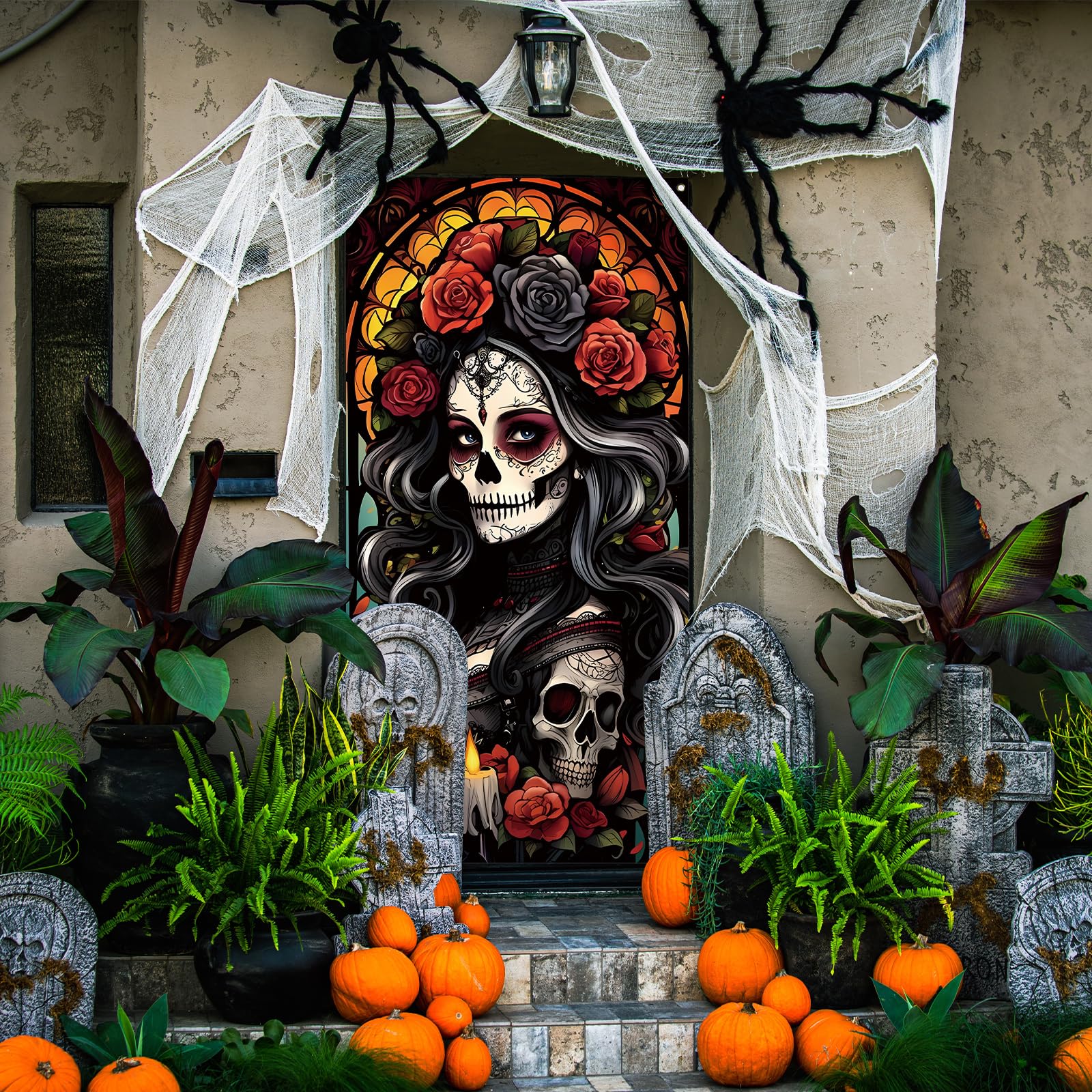 Day of The Dead Door Cover Dia De Los Muertos Backdrop Sugar Skull Rose Altar Mexican Fiesta Party Decorations and Supplies for Home