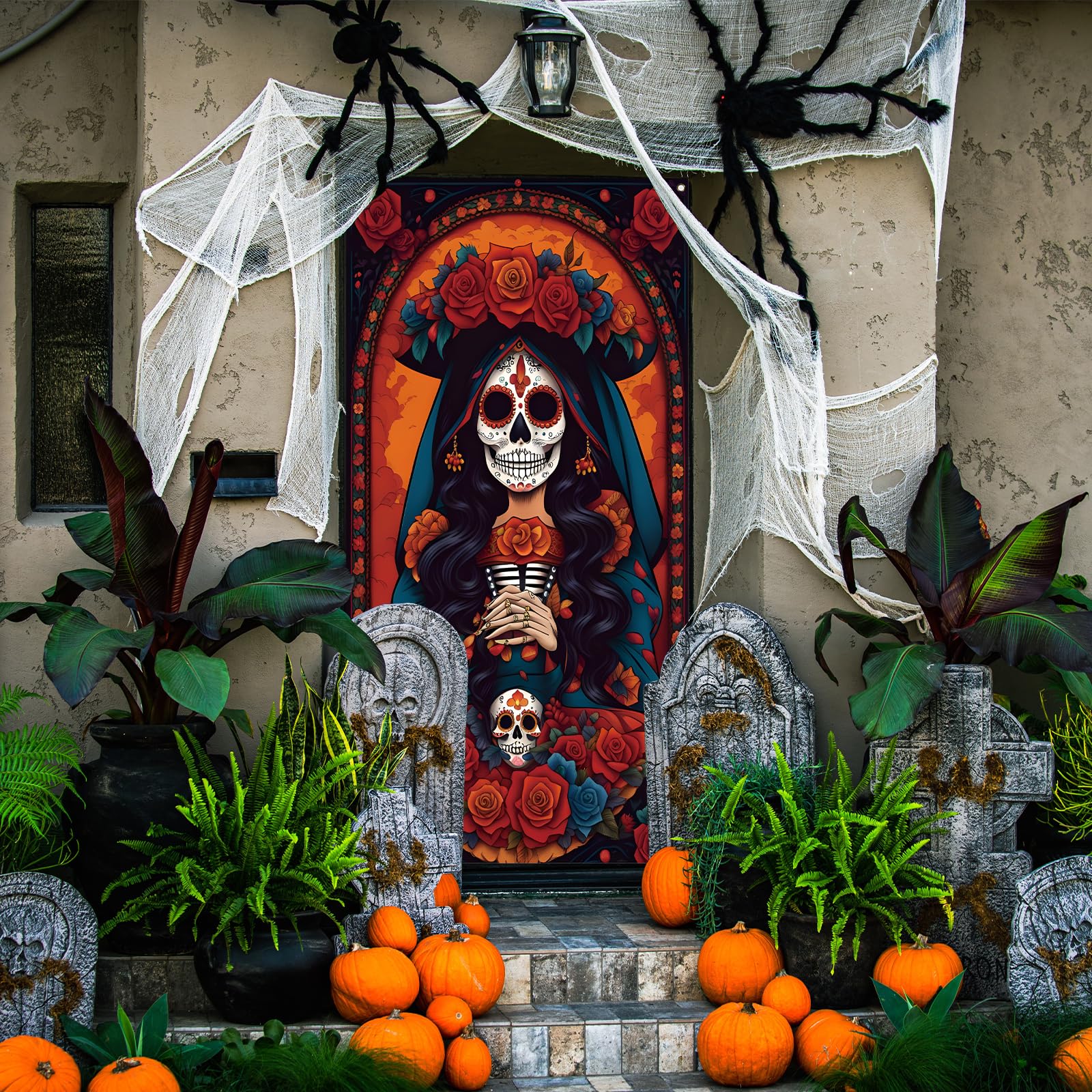 Day of The Dead Door Cover Dia De Los Muertos Backdrop Sugar Skull Rose Altar Mexican Fiesta Party Decorations and Supplies for Home