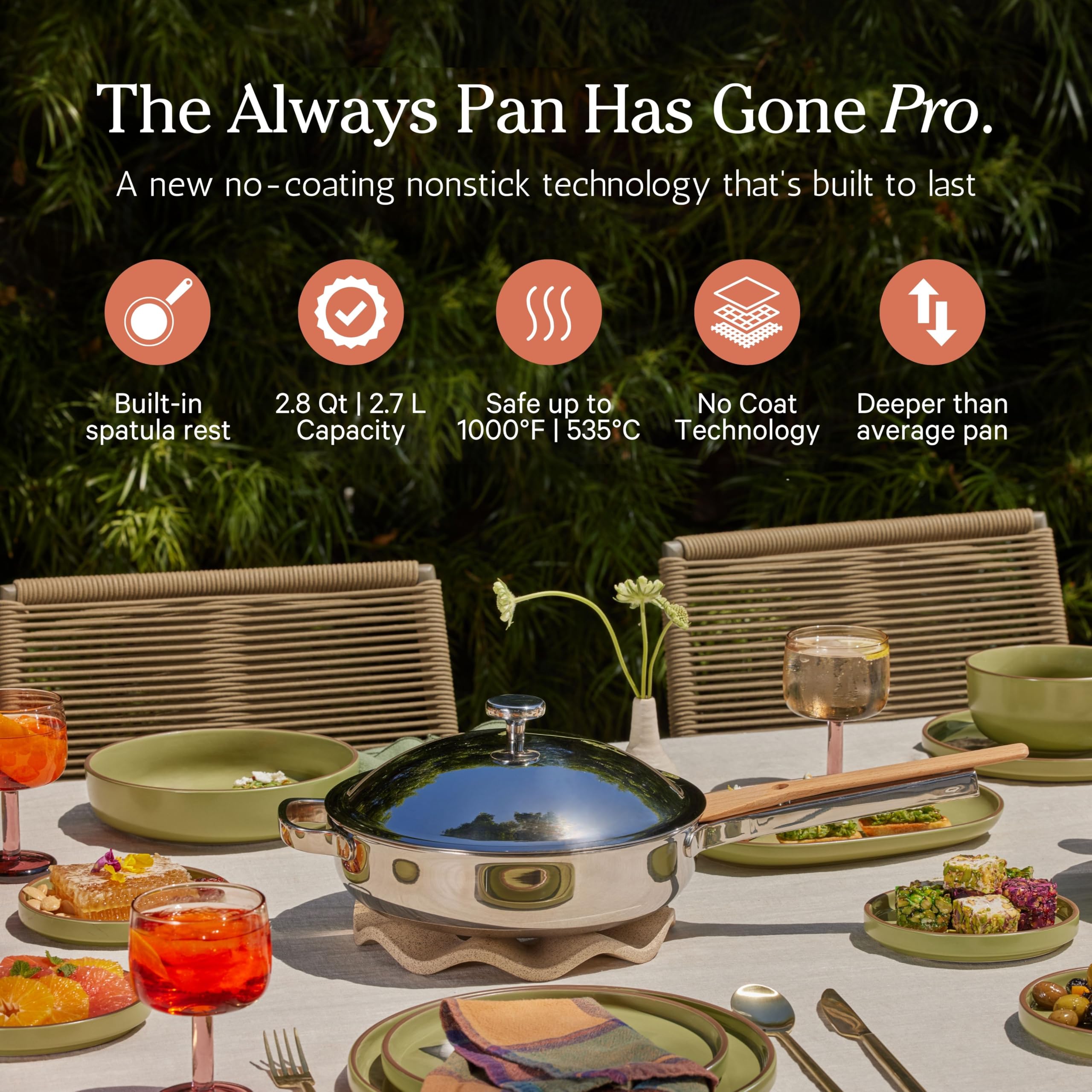 Our Place Titanium Always Pan Pro - No-Coating Nonstick Technology | Tri-Ply Construction with Titanium & Stainless Steel | Heat Safe up to 1000°F | Includes Steam-Release Lid & Spatula | Chrome