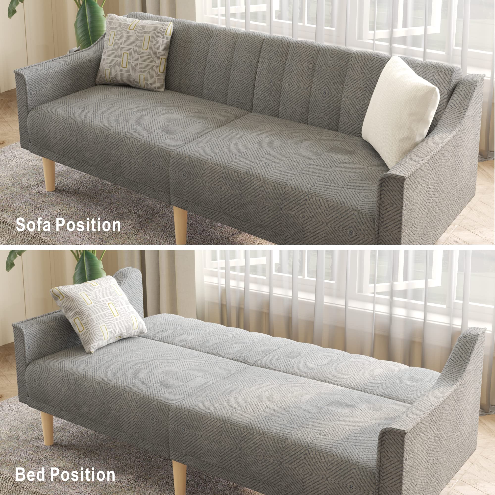 Velvet Futon Sofa Bed Couch, 74" Grey Convertible Sleeper Sofa, Loveseat Futon Couch with Adjustable Backrests, Couches for Living Room Bedroom Apartment