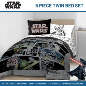 Star Wars Comic Book Twin Size Comforter Set - 5 Piece Bedding Includes Sheet Set & Pillow Covers - Super Soft Cozy Kids Bedding