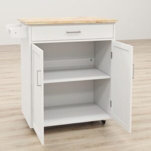 32.87 in. W Rubberwood Kitchen Island On 4 Wheels with Adjustable Shelves and Towel Rack White Modern Contemporary MDF Natural Finish Rack