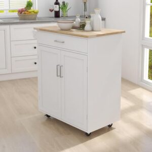 32.87 in. W Rubberwood Kitchen Island On 4 Wheels with Adjustable Shelves and Towel Rack White Modern Contemporary MDF Natural Finish Rack