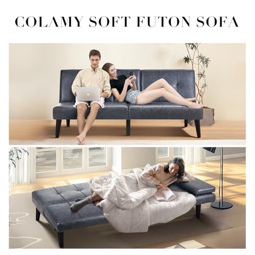 COLAMY Futon Sofa Bed-Leather Small Futon Couch, Futon Lounge Sofa, Futon Convertible with Cup Holder, Removable Armrest, Adjustable Backrest Darkgrey