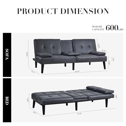 COLAMY Futon Sofa Bed-Leather Small Futon Couch, Futon Lounge Sofa, Futon Convertible with Cup Holder, Removable Armrest, Adjustable Backrest Darkgrey