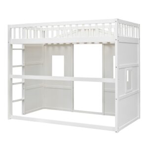 TURRIDU Twin Size Designs House Loft Bed, House Bed Frame with Ladder and Safety Guardrails,Ki-ds Playhouse Bed with Window and Ladder,for Girls Boys, White