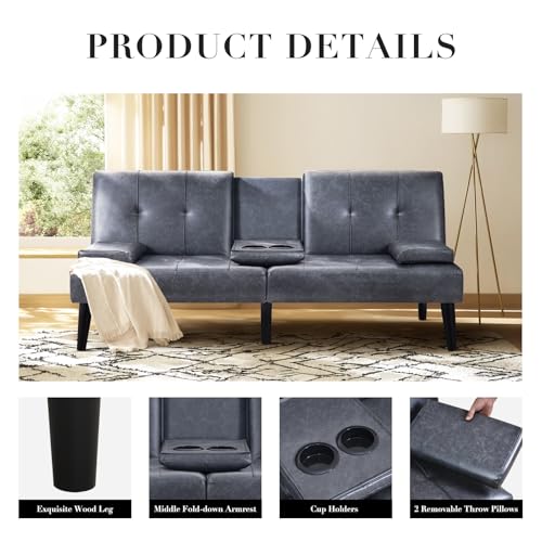 COLAMY Futon Sofa Bed-Leather Small Futon Couch, Futon Lounge Sofa, Futon Convertible with Cup Holder, Removable Armrest, Adjustable Backrest Darkgrey