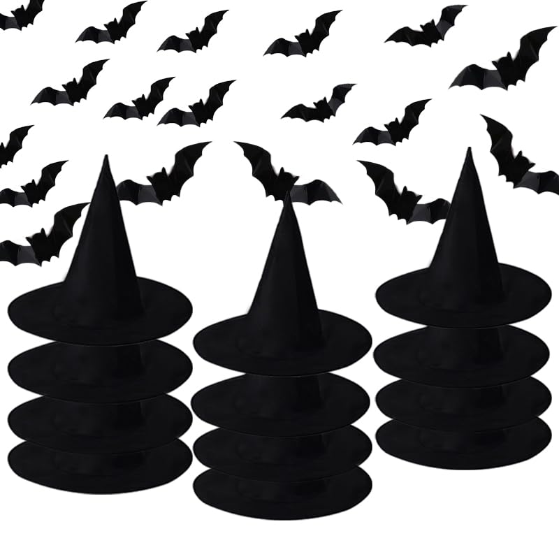 Orgrimmar 12 PCS Halloween Witch Hats with Hanging Pope, 32 3D PCS Bat Stickers for Halloween Party Decorations, Outdoor and Indoor Hanging Decorations