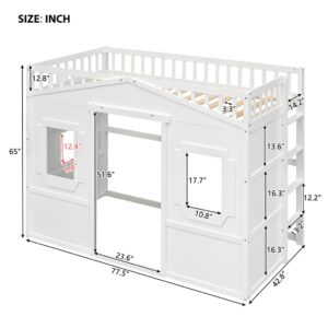 TURRIDU Twin Size Designs House Loft Bed, House Bed Frame with Ladder and Safety Guardrails,Ki-ds Playhouse Bed with Window and Ladder,for Girls Boys, White