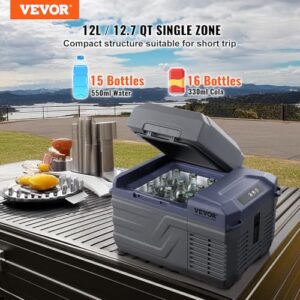 VEVOR NL12, 12 Volt Car Refrigerator Fridge, 12 L Single Zone Portable Freezer, -4℉-68℉ Adjustable Range, 12/24V DC and 100-240V AC Compressor Cooler for Outdoor, Camping, RV, Bule and grey