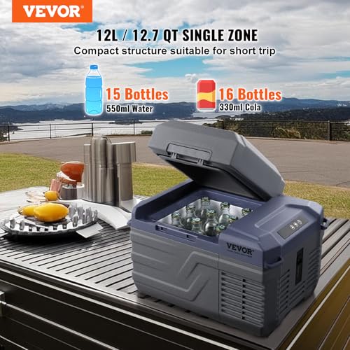 VEVOR NL12, 12 Volt Car Refrigerator Fridge, 12 L Single Zone Portable Freezer, -4℉-68℉ Adjustable Range, 12/24V DC and 100-240V AC Compressor Cooler for Outdoor, Camping, RV, Bule and grey