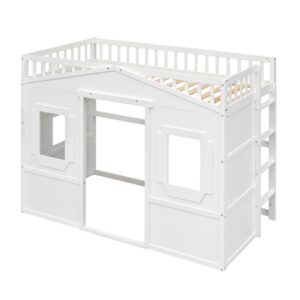 TURRIDU Twin Size Designs House Loft Bed, House Bed Frame with Ladder and Safety Guardrails,Ki-ds Playhouse Bed with Window and Ladder,for Girls Boys, White