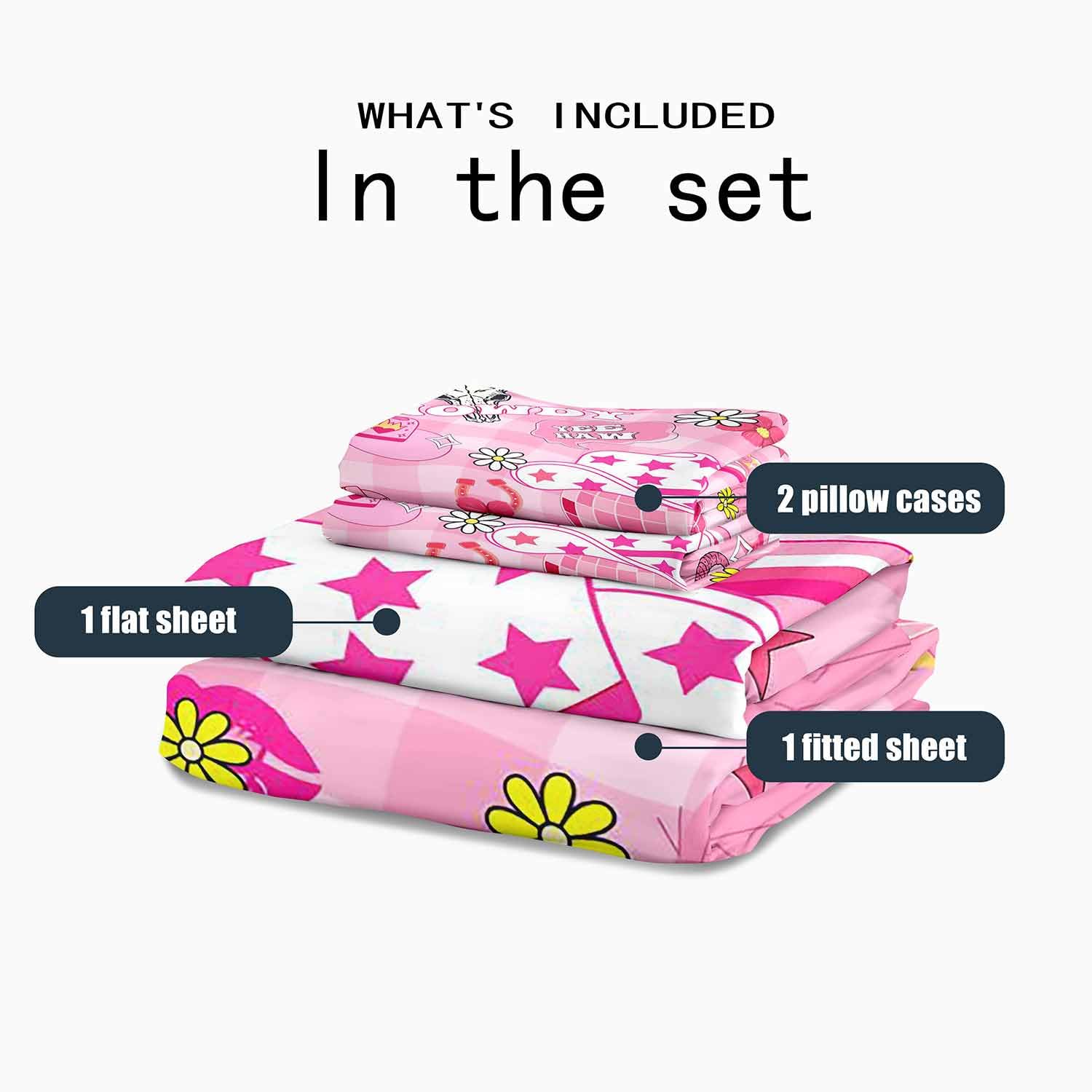 LUVIVIHOME 4PCS Disco Cowgirl Sheets Set, Queen Bed Sheet, Hot Pink Sheets, Preppy Bedding, Cowboy Boots Cow Skull Flower Cactus Aesthetic Girls Bedding, 1 Fitted Sheet & 1 Flat Sheet & 2 Pillowcases