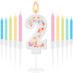 mtlee number 2 happy birthday candle 3d number candle with sprinkles cute number candles cake topper with 10 long thin rainbow spiral candles for girls women anniversary wedding party decor