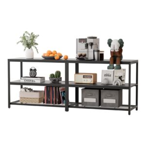 adoffur 63 inch horizontal bookshelf, industrial 3 tier open book shelf with led strip and outlets, wood and metal long bookcase for home office (black)