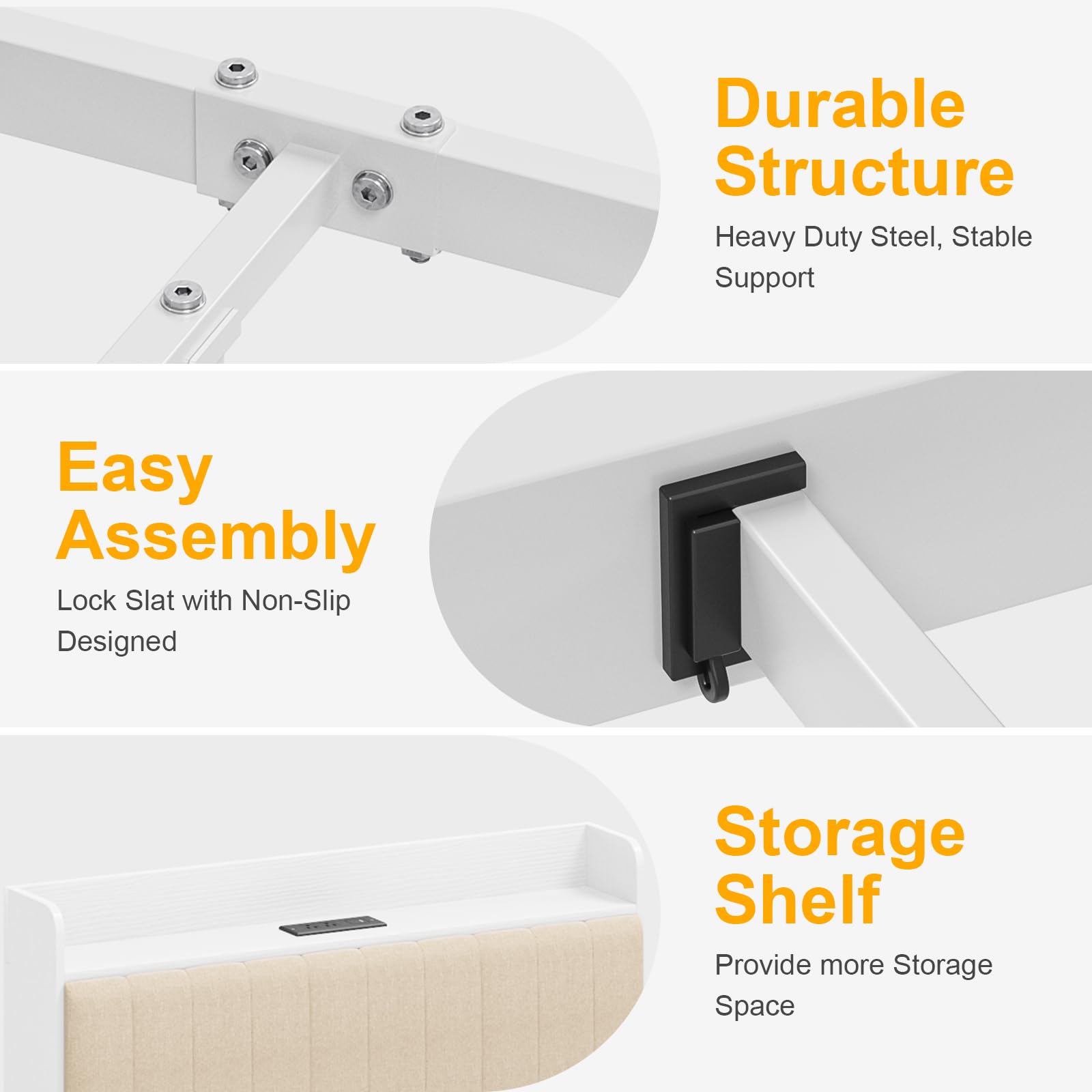 Elephance Twin Size Bed Frames with Charging Station and Storage Headboard, No Box Spring Needed, Easy Assembly