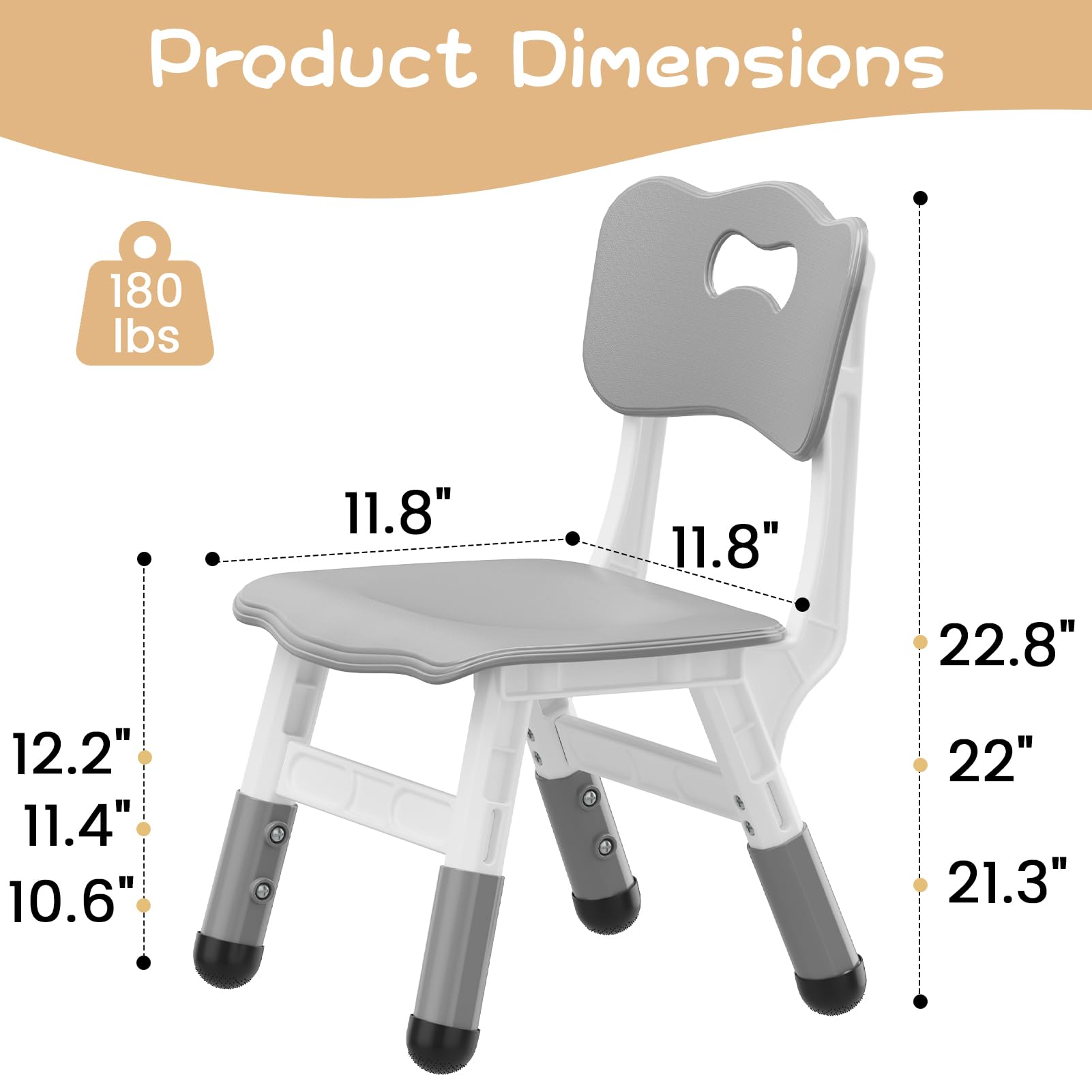 Kids Chair Set of 2, 3 Level Height Adjustable Kid Chair, Plastic Toddler Chairs for Children Boys Girls Age 2-6, Suitable for Home Family Classroom Nursery Indoor Use, Grey