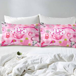 LUVIVIHOME 4PCS Disco Cowgirl Sheets Set, Queen Bed Sheet, Hot Pink Sheets, Preppy Bedding, Cowboy Boots Cow Skull Flower Cactus Aesthetic Girls Bedding, 1 Fitted Sheet & 1 Flat Sheet & 2 Pillowcases