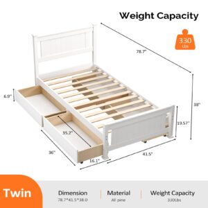 VINGLI Twin Size Bed Frame with 4 Drawers on Wheels and Headboard, Twin Wood Platform Bed with Storage Underneath, Mattress Foundation with Wooden Slats Support, No Box Spring Needed, White