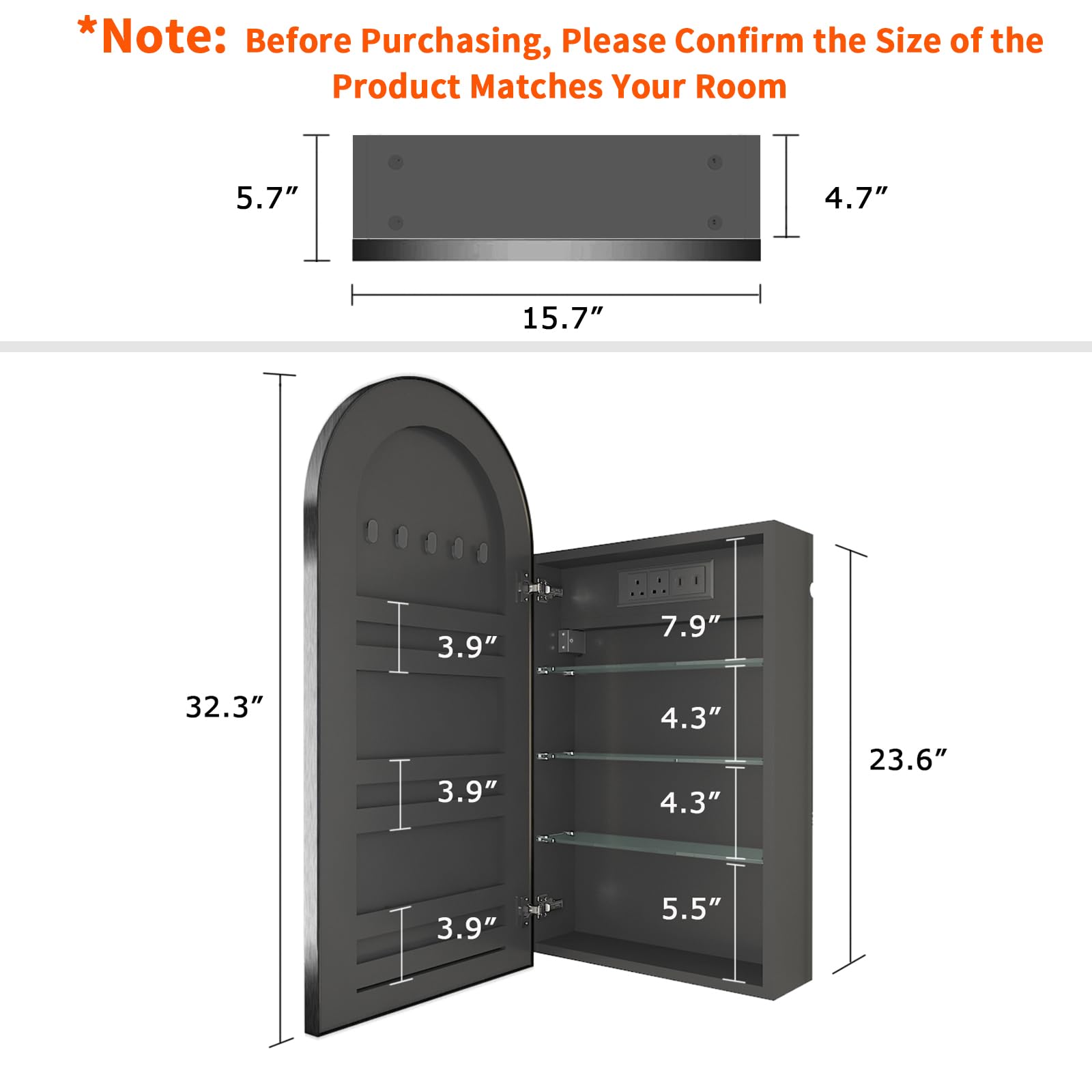 FKWin Arched Medicine Cabinets with Mirror, Bathroom Storage with Charging Station and 3 Adjustable Shelves, Bathroom Mirror with Storage, Bathroom Cabinet, Medicine Cabinet Mirror, 16"x32", Black