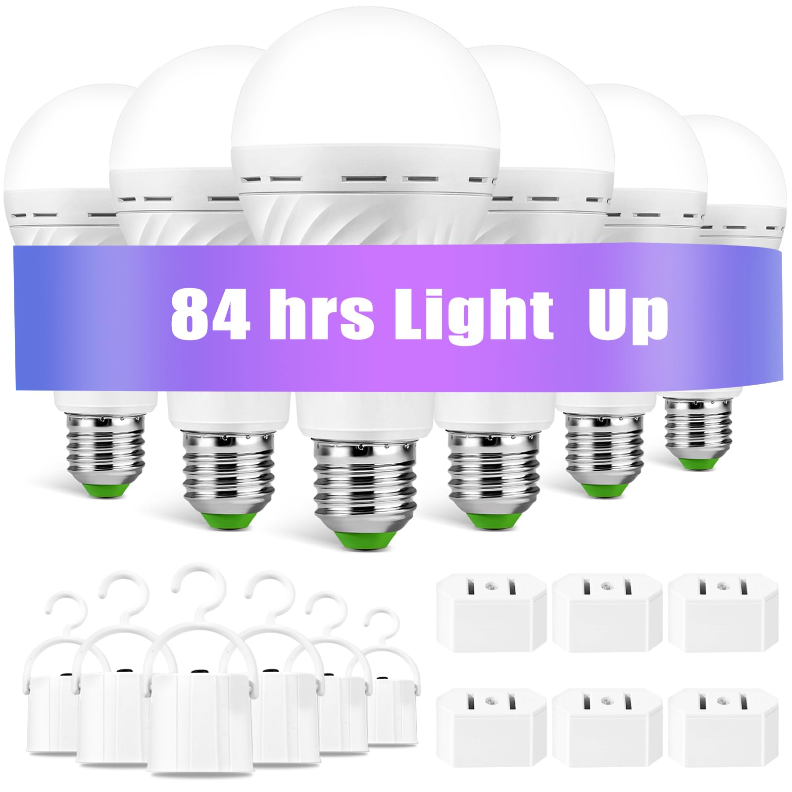 LHZHENG Emergency-Rechargeable-Light-Bulb, Stay Lights Up When Power Failure, 1500mAh 12W 60W Equivalent LED Light Bulbs for Home, Camping, Hiking (E27, with Hook,with Plug Cap) 6 Pack