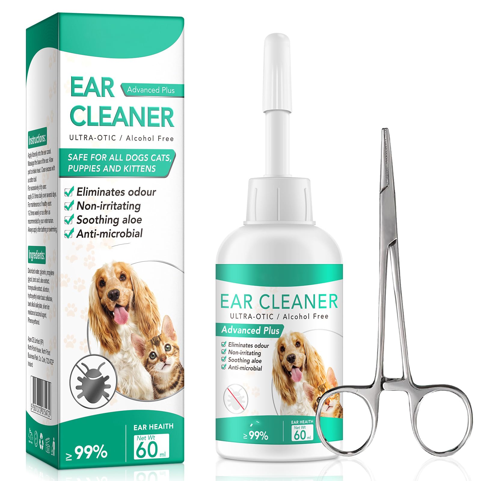 Sisaiex Ear Cleaner for Dogs, Dog Ear Infection Treatment, with Pet Ear/Nose Hair Puller Grooming Hemostat, Helps for Dog Ear Wash&Cat Ear Cleaner