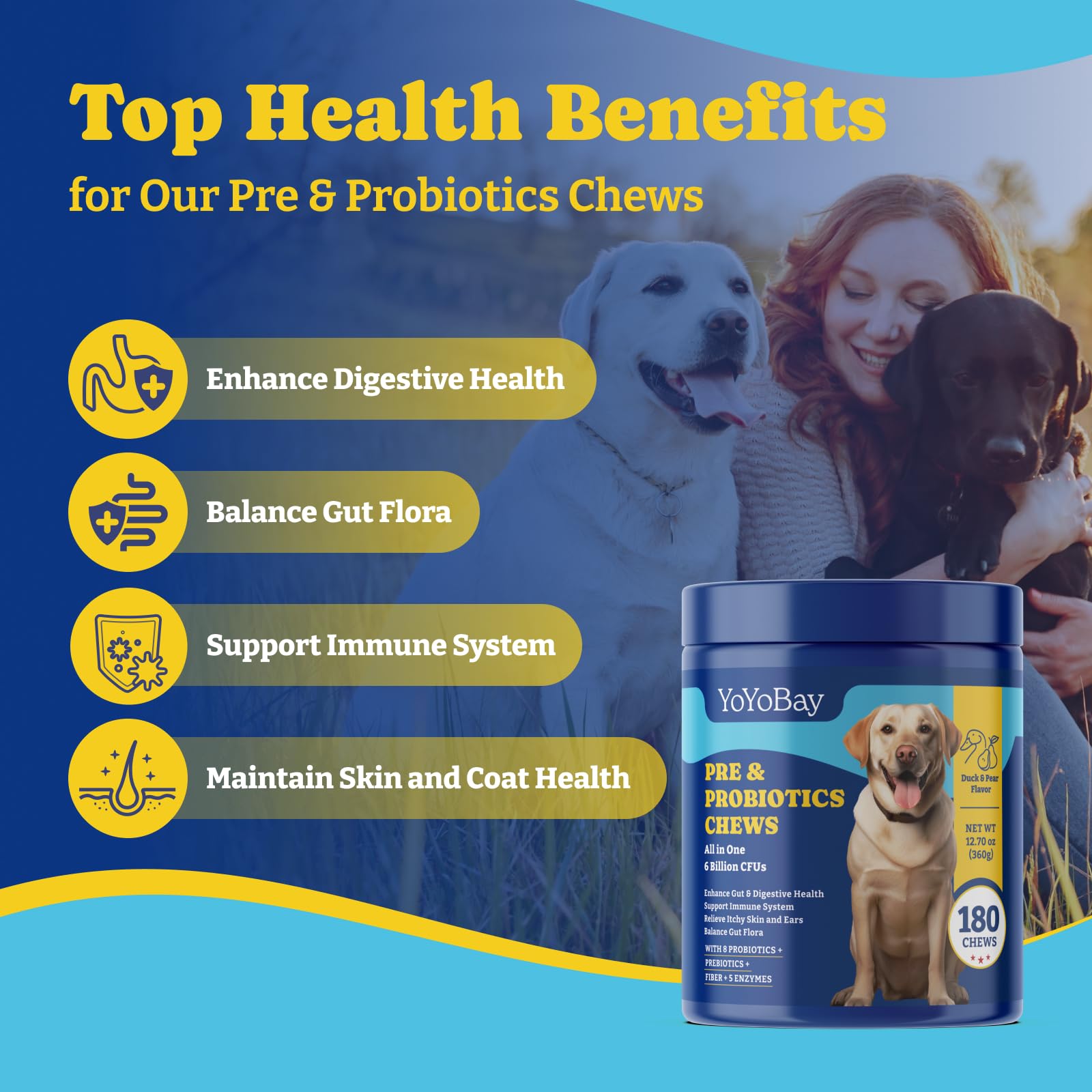 Probiotics for Dogs - Dog Probiotics for Yeast Balance, Itchy Skin, Gut, Immune & Skin Health - 6 Billion CFUs, 180 Soft Chews, Duck & Pear Flavor - with Prebiotics & Digestive Enzymes