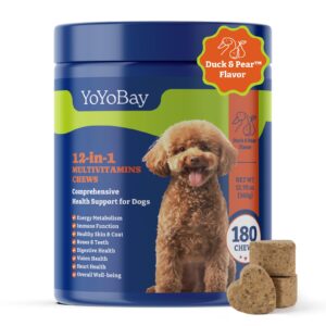 yoyobay dog multivitamin chewable supplement - dog vitamins and supplements - 180 soft chews, duck & pear flavor - immune & energy boost, joint support, skin & coat care - vitamins a, b, c, d, e