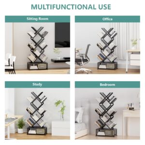 HI NINGER Folding Bookshelf,9 Tier Tree Bookshelf with Storage Cabinet,Stylish Design Metal Bookshelf for Display of CDs,Books in Living Room,Home Office,Tall Floor Standing Book Organizer for Bedroom