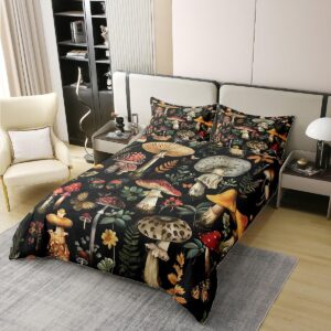 Erosebridal 100% Cotton Mushroom Duvet Cover Full Size, Summer Butterflies Flowers Bedroom Decor Comforter Cover, Natural Botanical Bedding Set for Bedroom, Red Black Green Leaves Quilt Cover