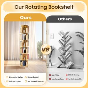 6 Tiers Rotating Bookshelf, Wood Narrow Bookshelf Organizer, 360 Display Floor Standing Bookcase Storage Rack for Kids&Adults Multi-Functional Bookshelf Organizer for Bedroom Living Room Office