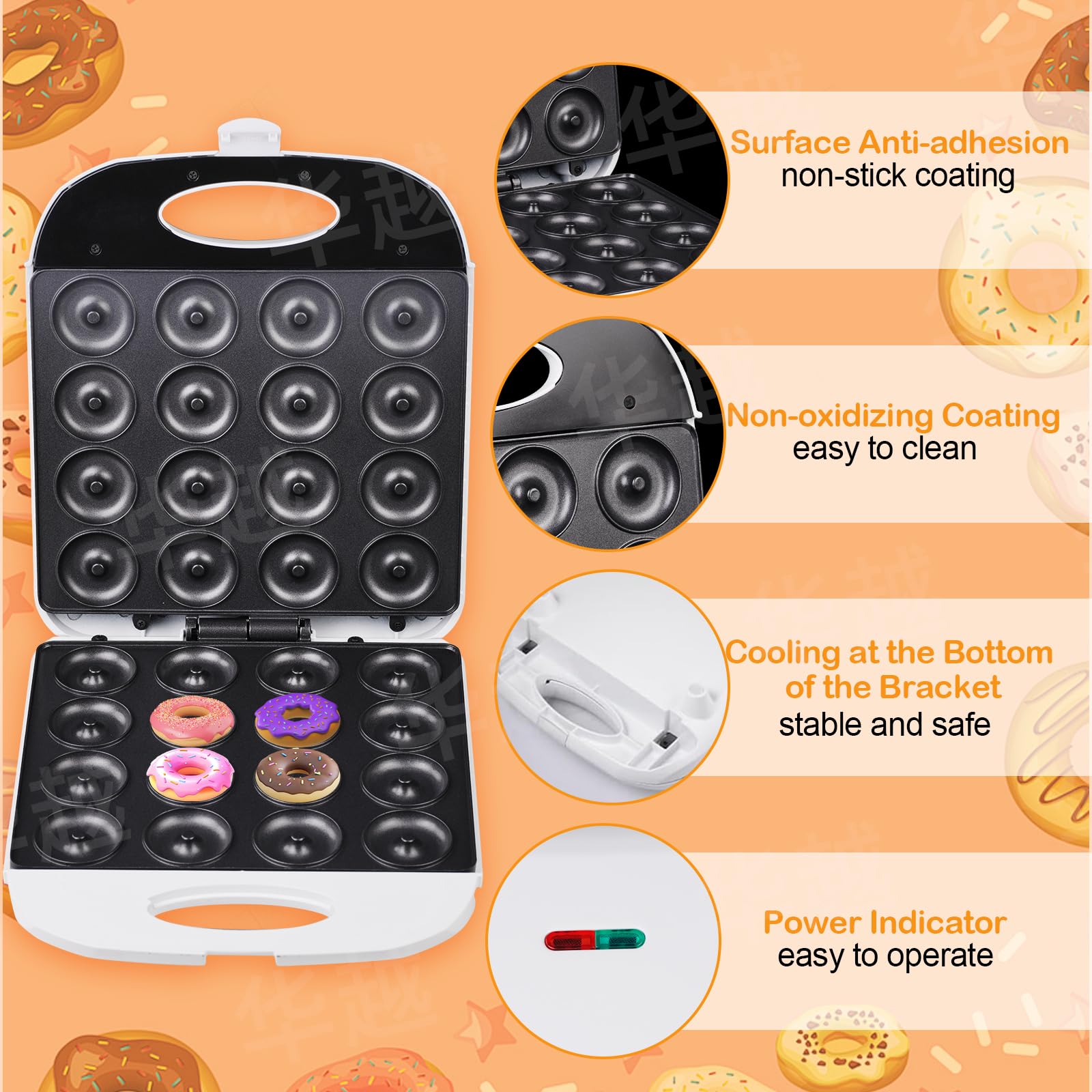 16 Hole Mini Donut Machine, Double Sided Heating Mini Donut Maker Machine,1400W Perfect for Breakfast, Snacks & Desserts,Non-stick Surface, Kid's friendly