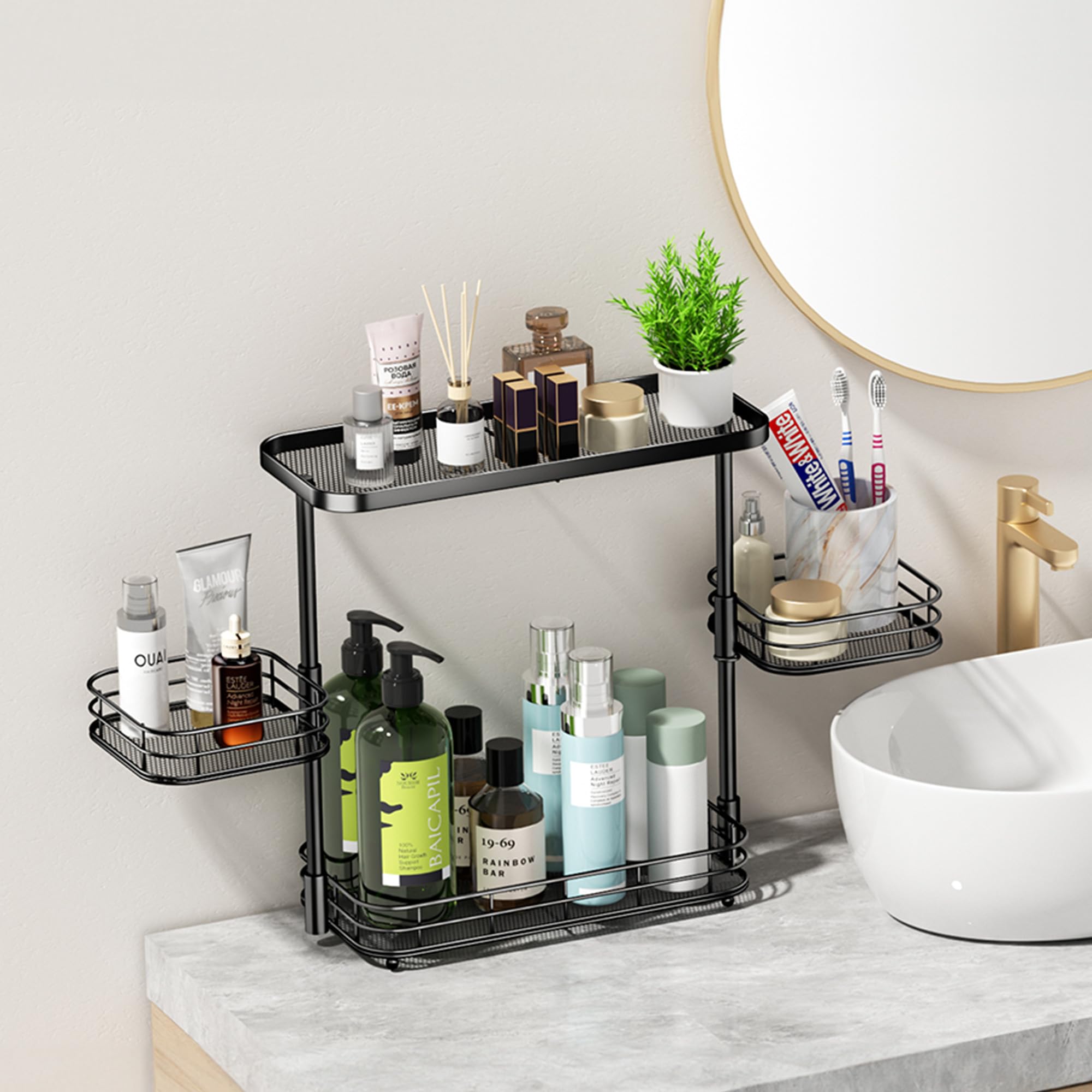 VITVITI 3 Tier Bathroom Organizer Countertop, Metal Wire Bathroom Counter Vanity Organizer Storage, Mesh Bathroom Sink Kitchen Shelf Rack with 360 Rotating Basket, Black