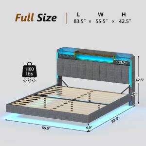 Full Size Floating Bed Frame with Charging Station,RGB Light,2-Tier Upholstered Headboard & 2 Hidden Storage Space,Heavy Duty Slat Support,Sturdy & Stable,Line Tufted, No Box Spring Needed, Dark Gray