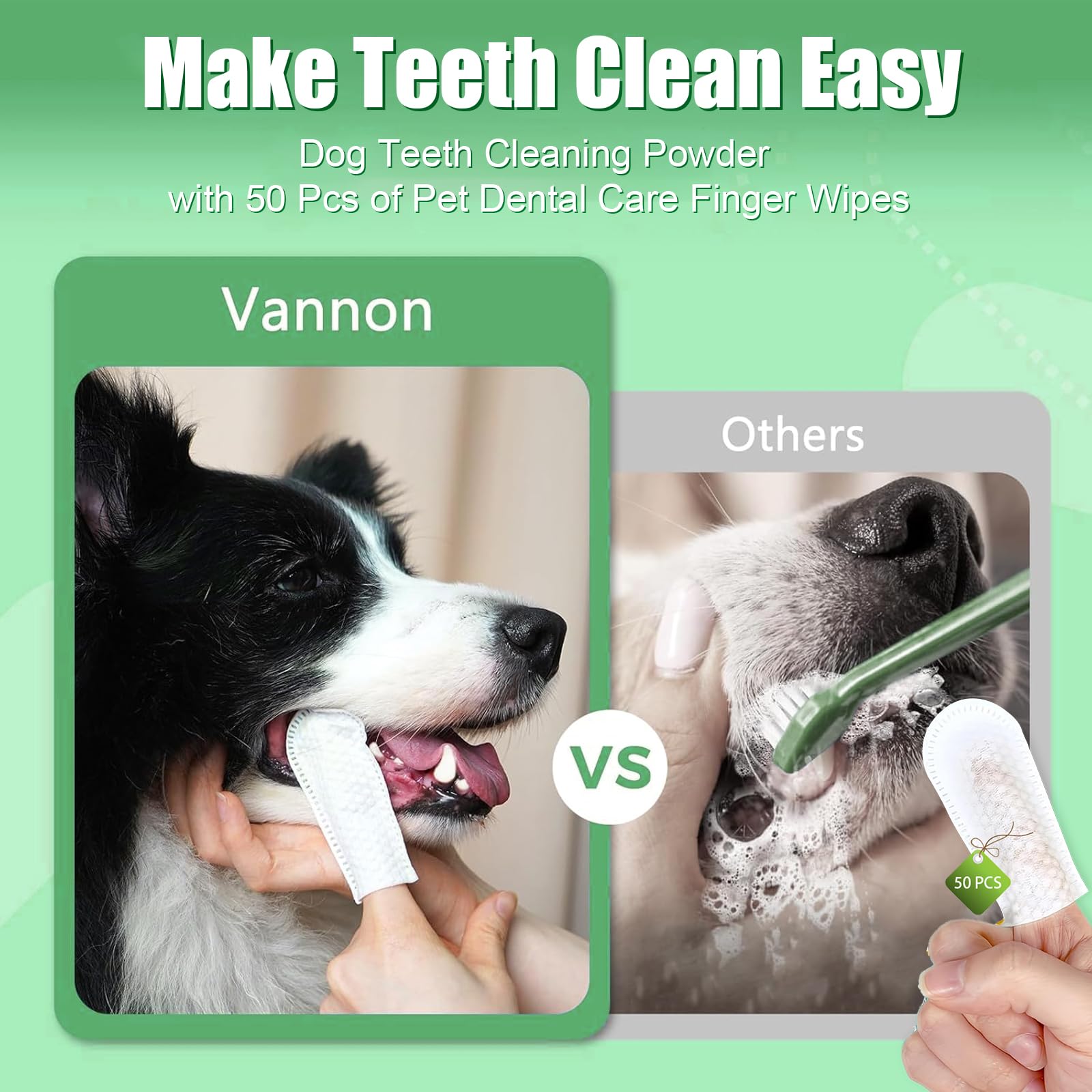 Dog Teeth Cleaning Powder,Dog Teeth Cleaning Kit with Finger Wipes,Dog Breath Freshener with Probiotics, Improve Oral Gastrointestinal Health Reduces Plaque Bad Breath for All Dogs and Cats