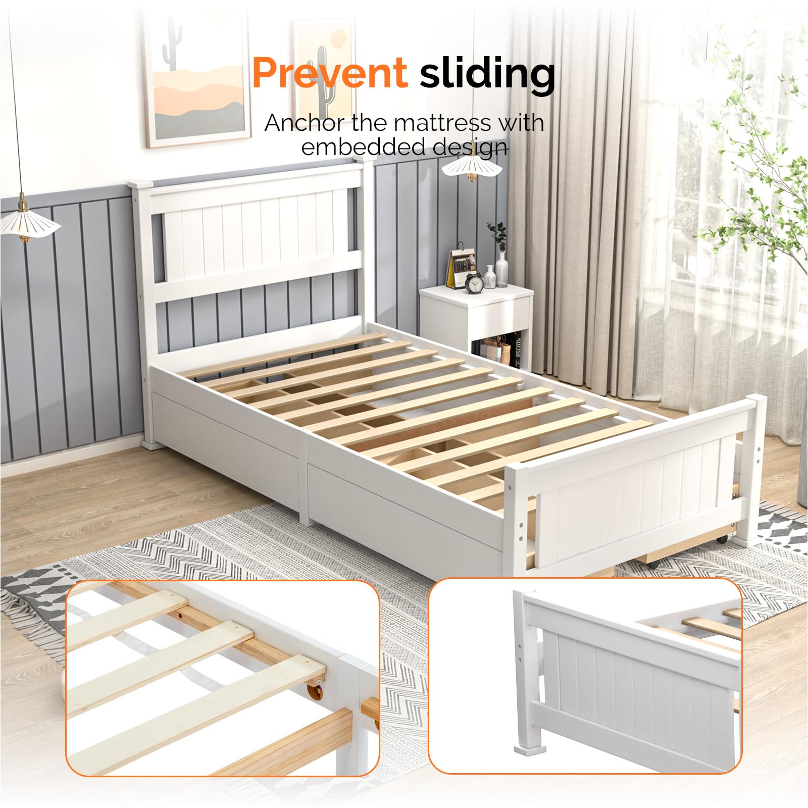 VINGLI Twin Size Bed Frame with 4 Drawers on Wheels and Headboard, Twin Wood Platform Bed with Storage Underneath, Mattress Foundation with Wooden Slats Support, No Box Spring Needed, White