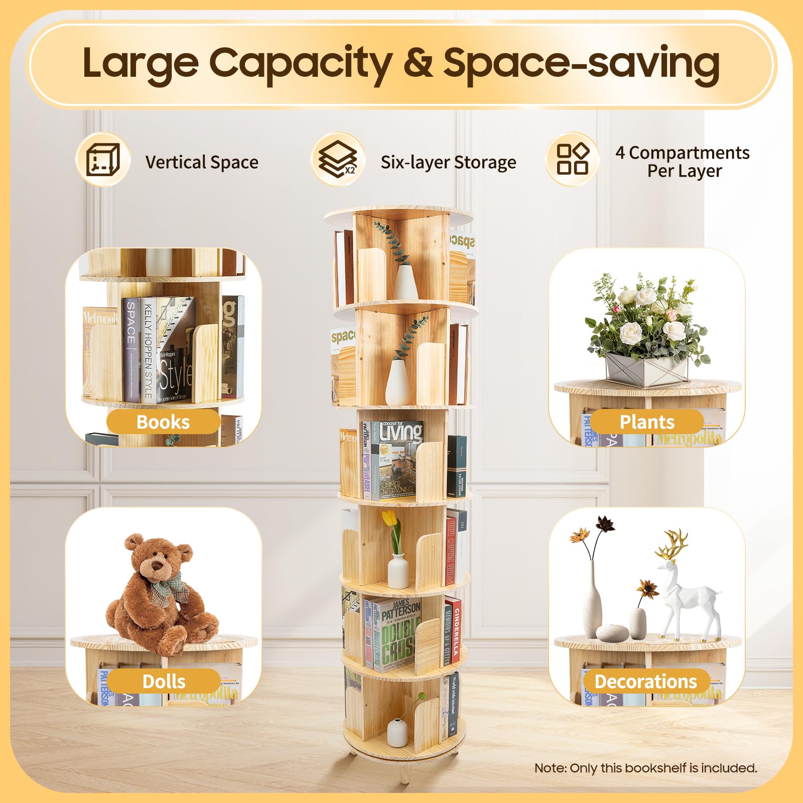 6 Tiers Rotating Bookshelf, Wood Narrow Bookshelf Organizer, 360 Display Floor Standing Bookcase Storage Rack for Kids&Adults Multi-Functional Bookshelf Organizer for Bedroom Living Room Office